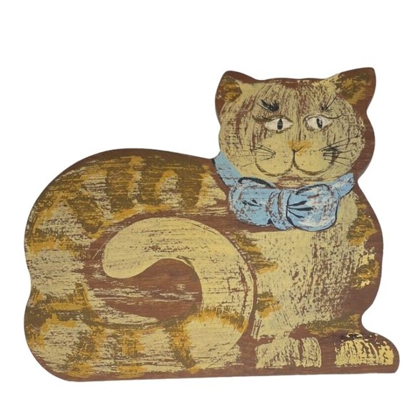 Unknown | Wall Decor | Wood Painted Smiling Kitty Cat W Blue Bow Wall ...
